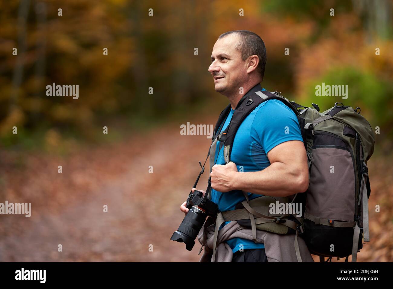 Professional nature photographer hiking in the colorful forest during ...