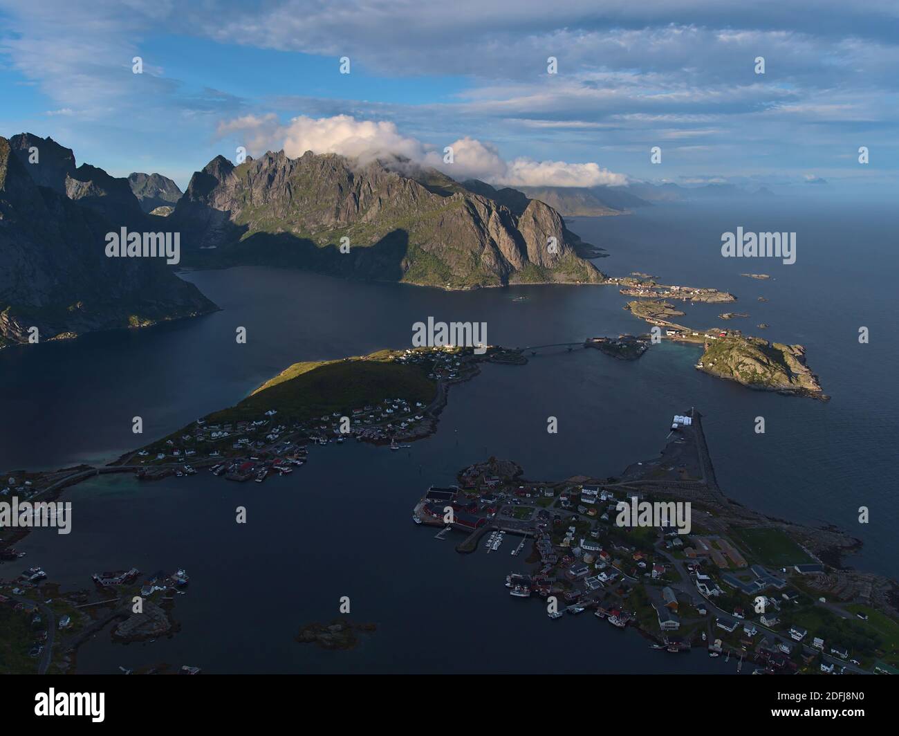 Stunning aerial panoramic view of fishing village Reine with fjord and ...
