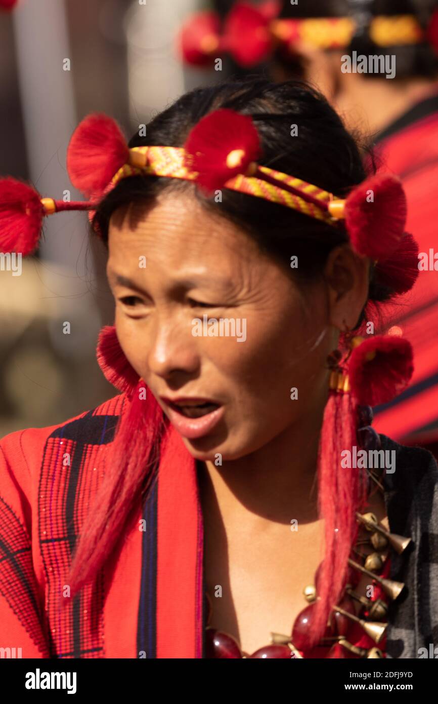 Selective focus Portrait of a beautiful tribal Naga women dressed in ...