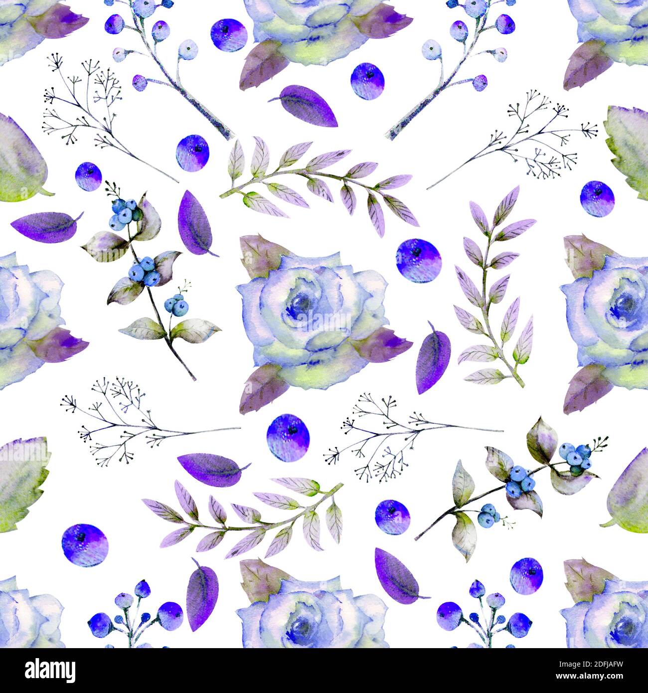 Seamless pattern. Set of flower branches. Blue rose flower, green ...