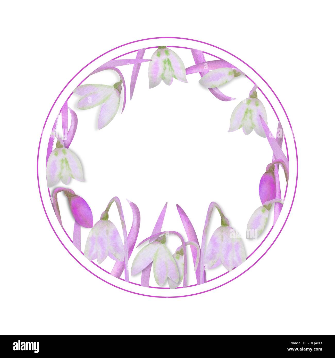 Romantic round frame with snowdrops on the inner edge on a white ...