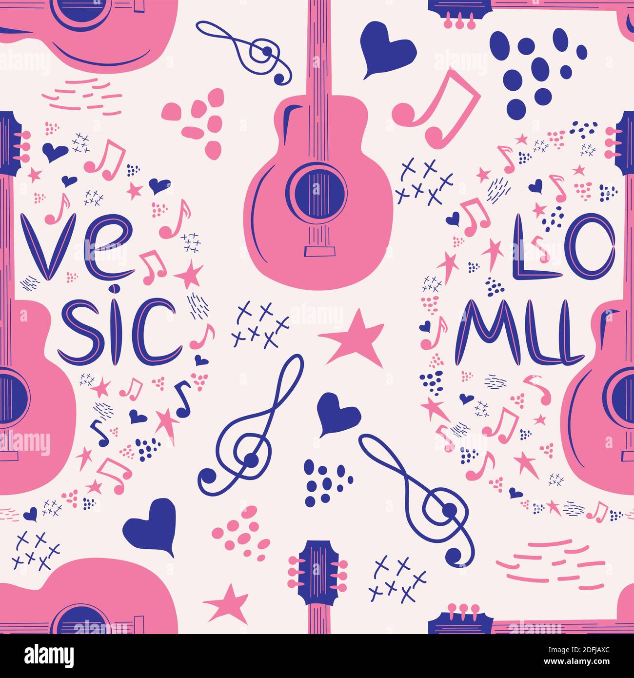 Love music seamless pattern with country guitar, music notes, treble ...