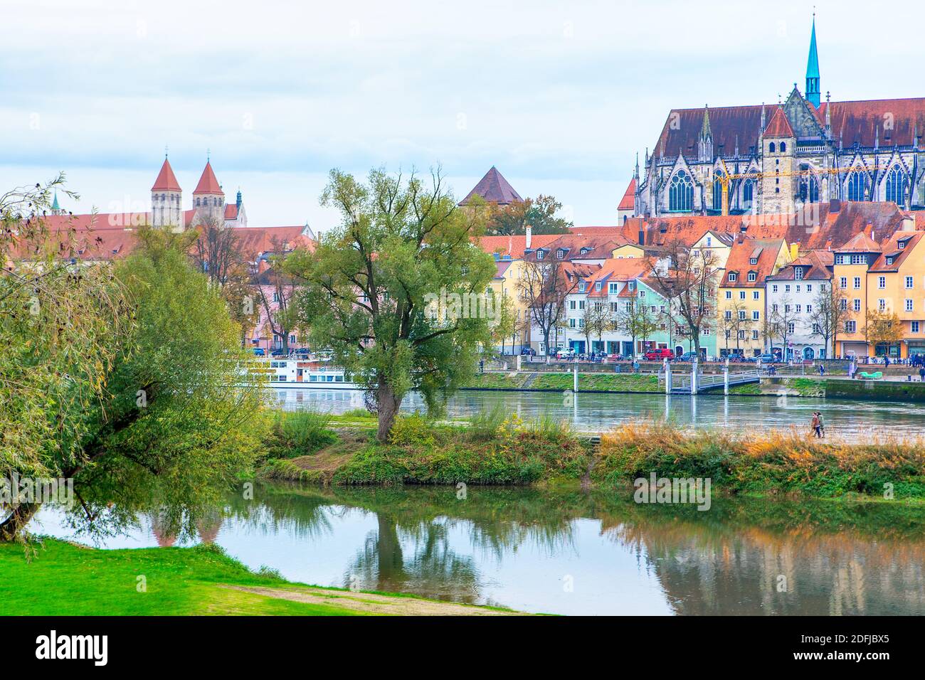 Danube riverside in Regensburg, view of St Peter Cathedral Stock Photo ...