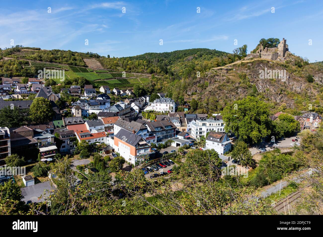 Aerial View of wine village Altenahr and its castle, Moselle region ...