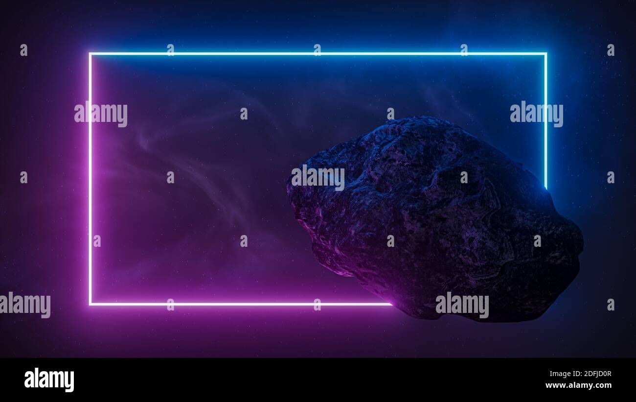 Asteroid in outer space framed with a retro blue and purple neon light ...