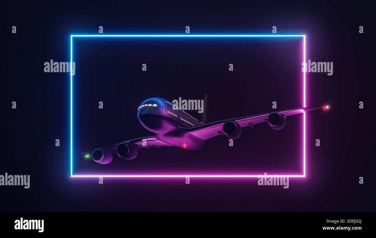 Abstract retro futuristic design with an airplane in glowing blue and ...