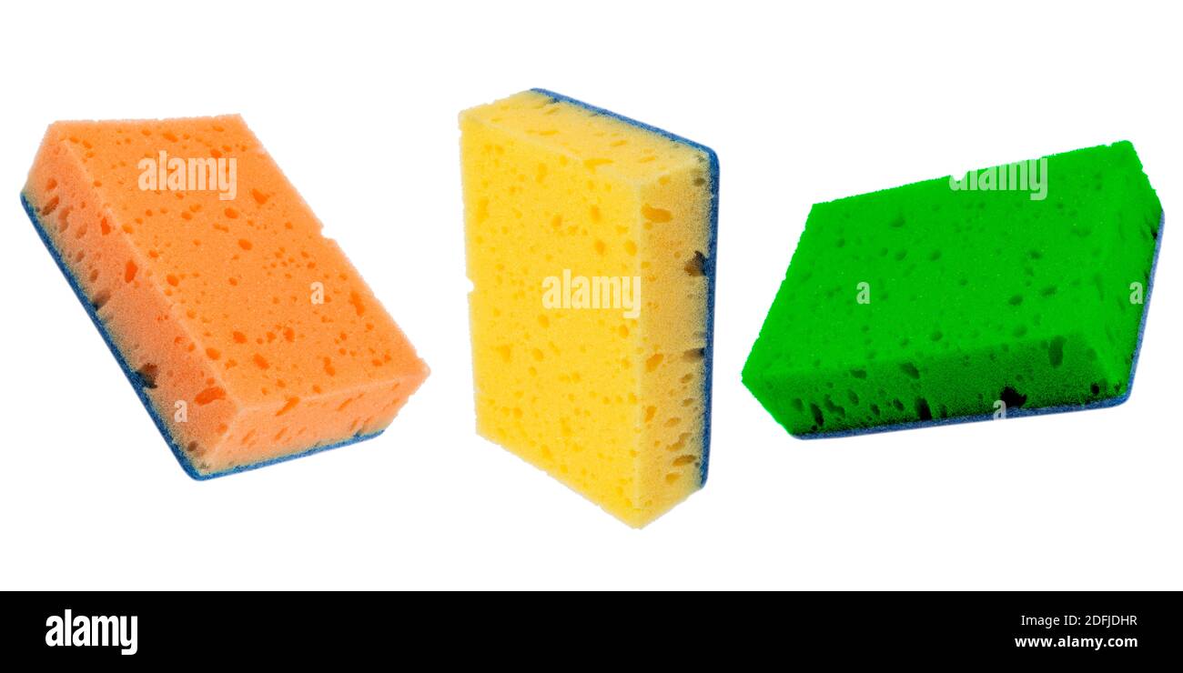 Macro shot of a surface of plastic multicolored three sponge isolated ...