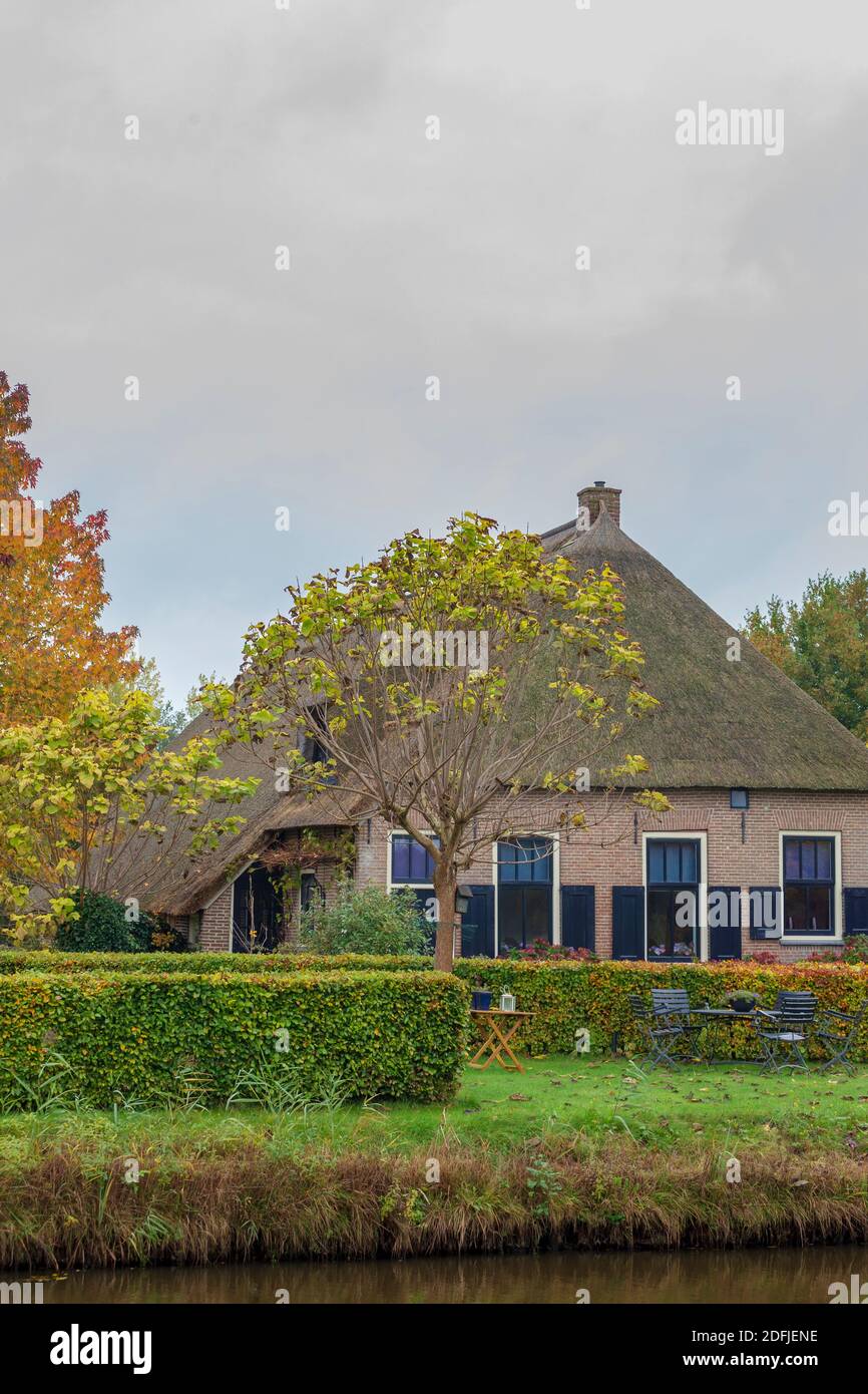 Traditional Dutch farmhouse with thatched rood reflected in a canal ...