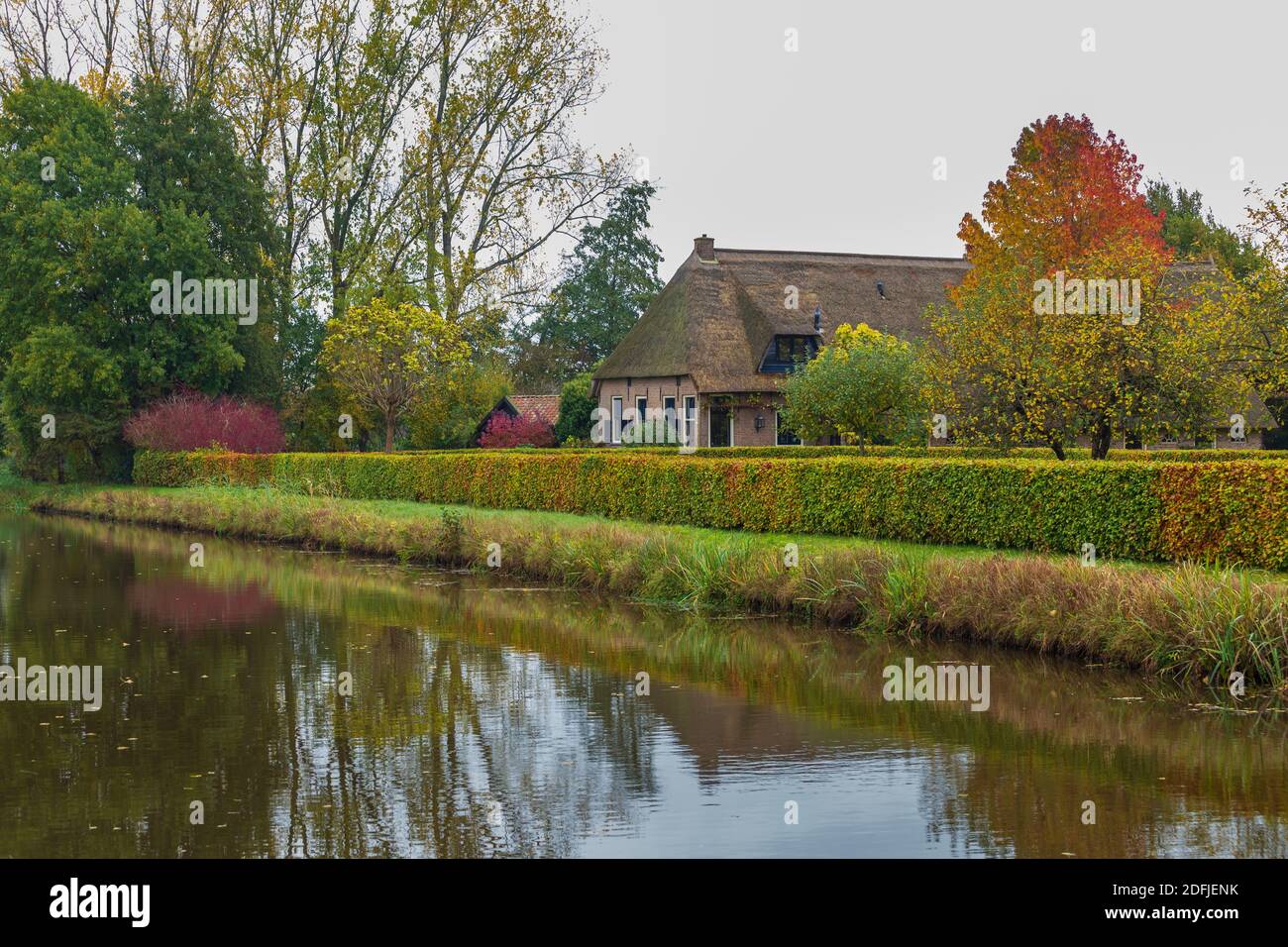 Traditional Dutch farmhouse with thatched rood reflected in a canal ...