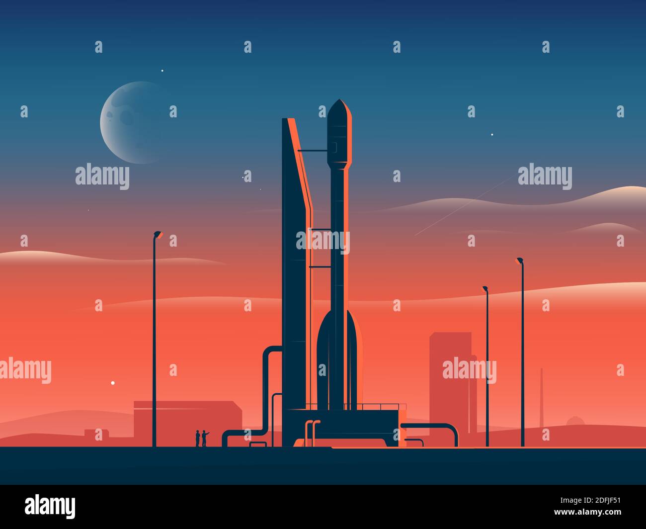 Vector illustration of a rocket spaceship at sunset preparing for launch Stock Vector Image ...