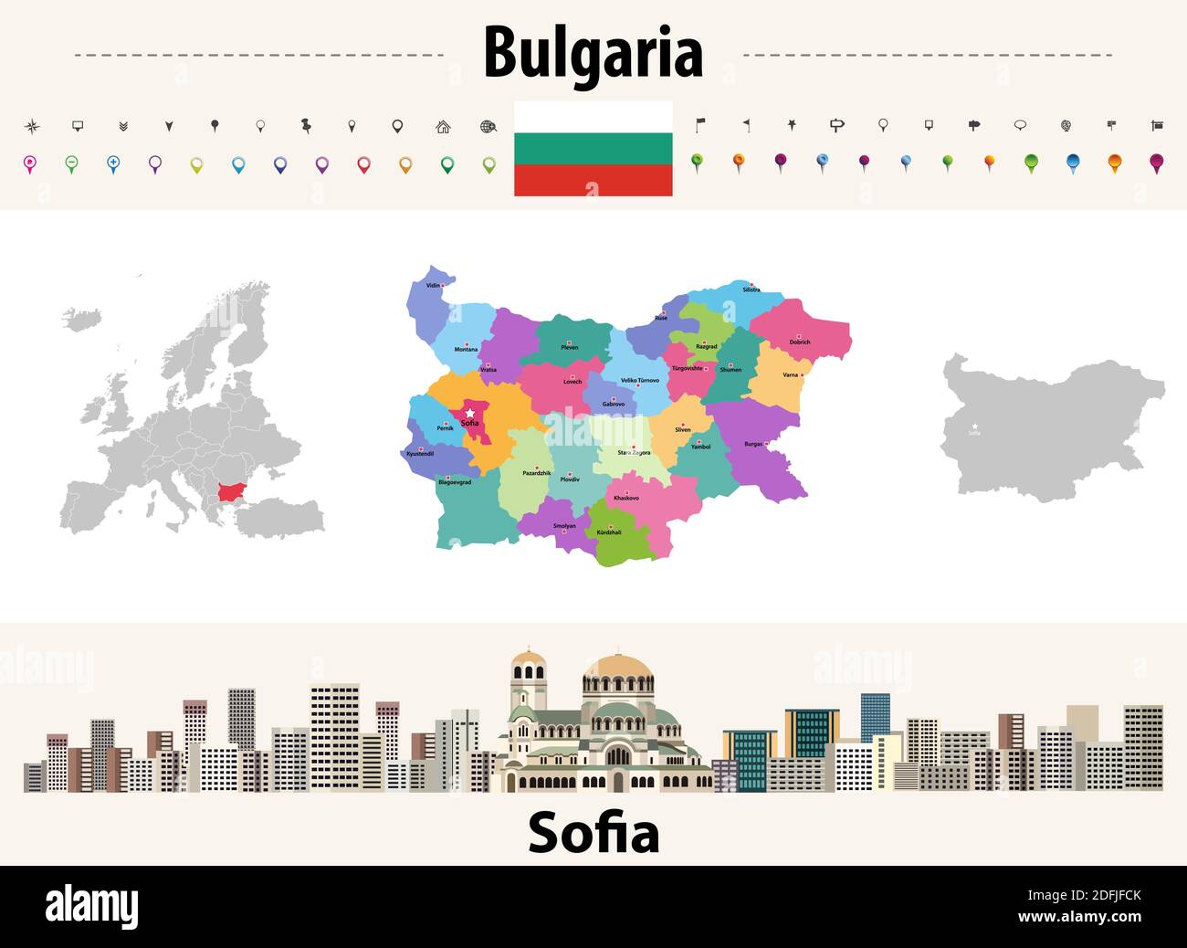 map of Bulgaria provinces with capital cities. Sofia cityscape ...