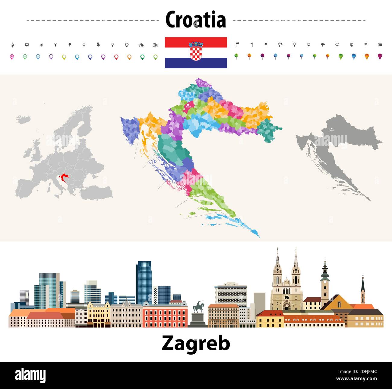 Croatia colored map consiting of counties and municipalities. Flag of ...