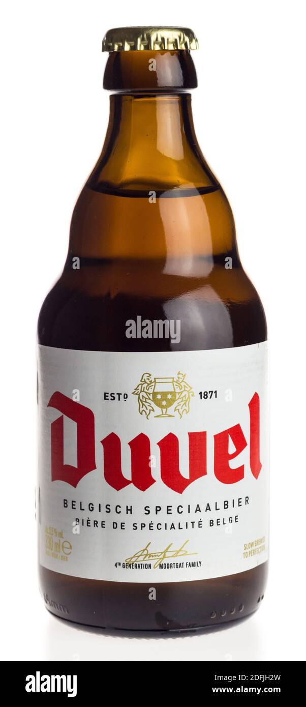 Bottle of Belgian Duvel beer isolated on a white background Stock Photo ...