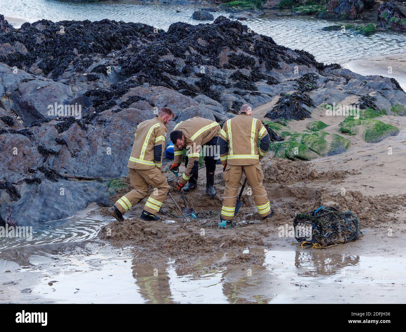 UK Fire Brigade members use lost crab pots buried on beach to practice ...