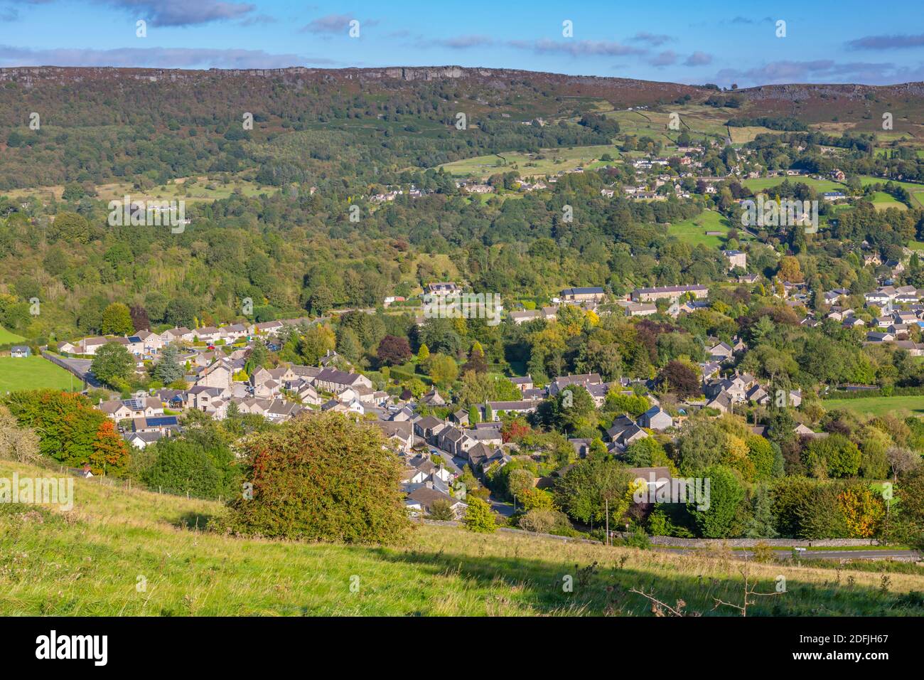 View of Calver Village overlooked by Curbar Edge, Calver, Derbyshire ...