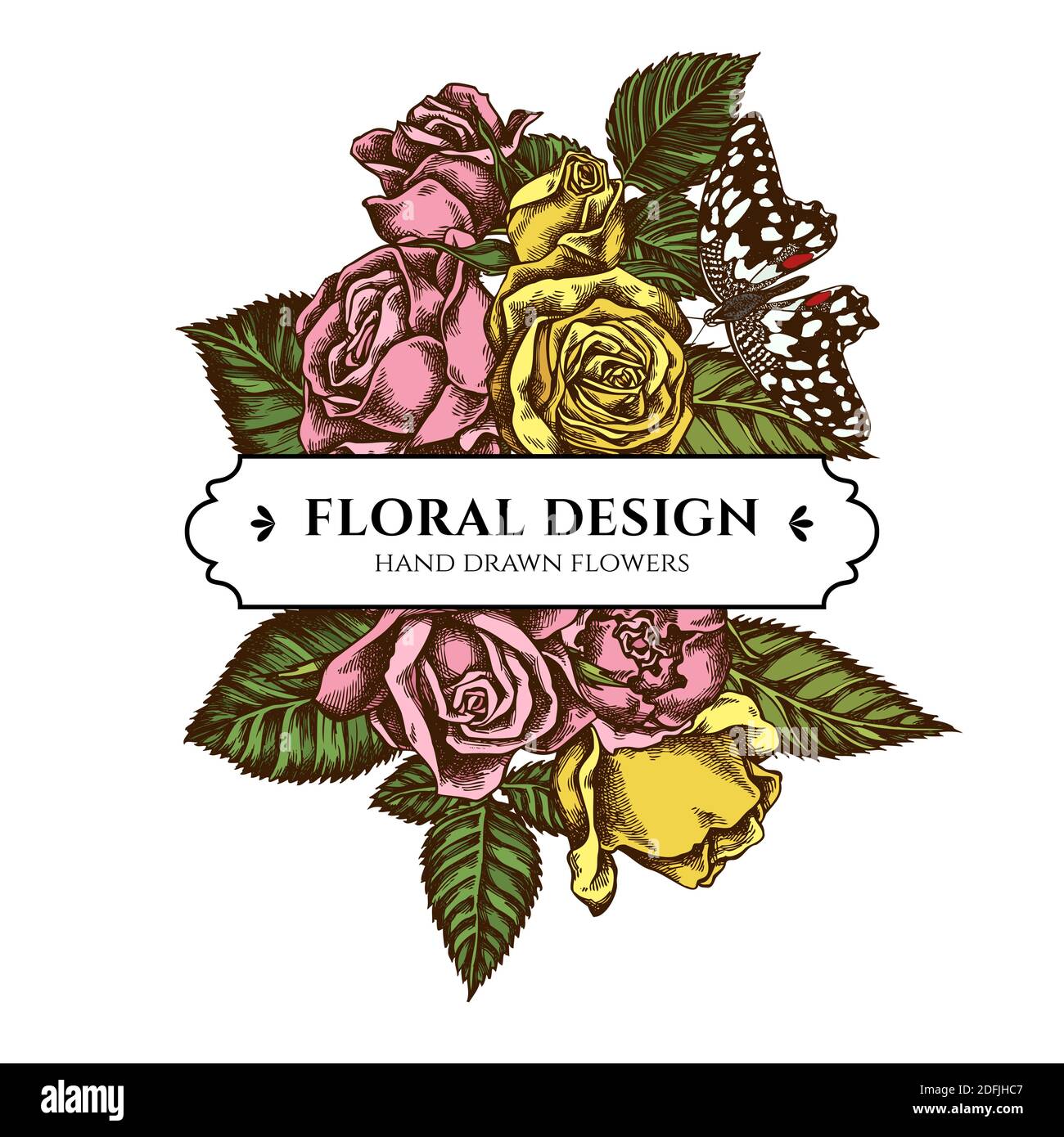 Floral bouquet design with colored lemon butterfly, roses Stock Vector ...