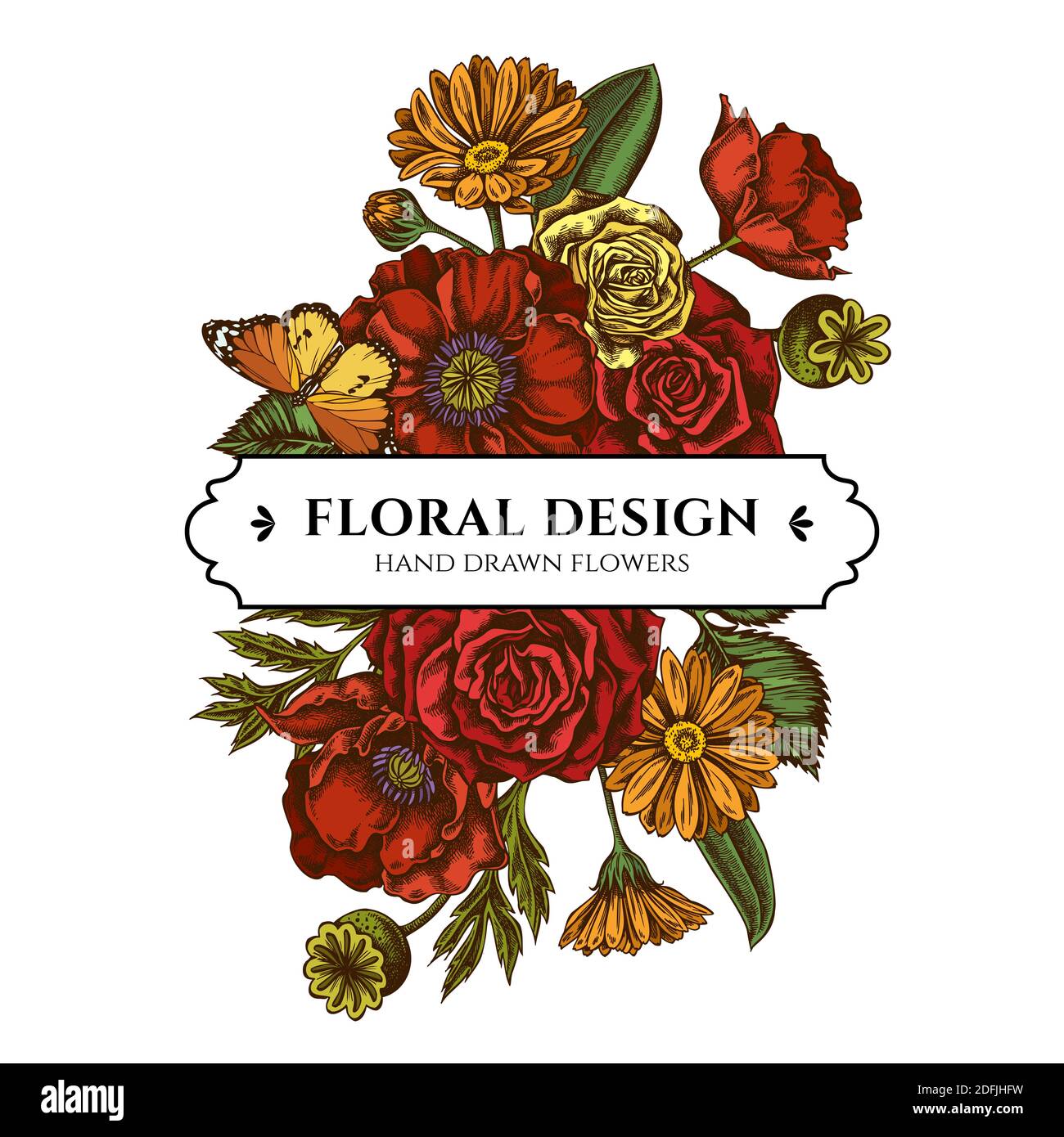 Floral bouquet design with colored poppy flower, calendula, plain tiger ...