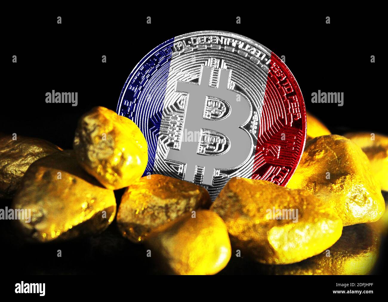 Bitcoin is marked with the flag of France, against the background of ...