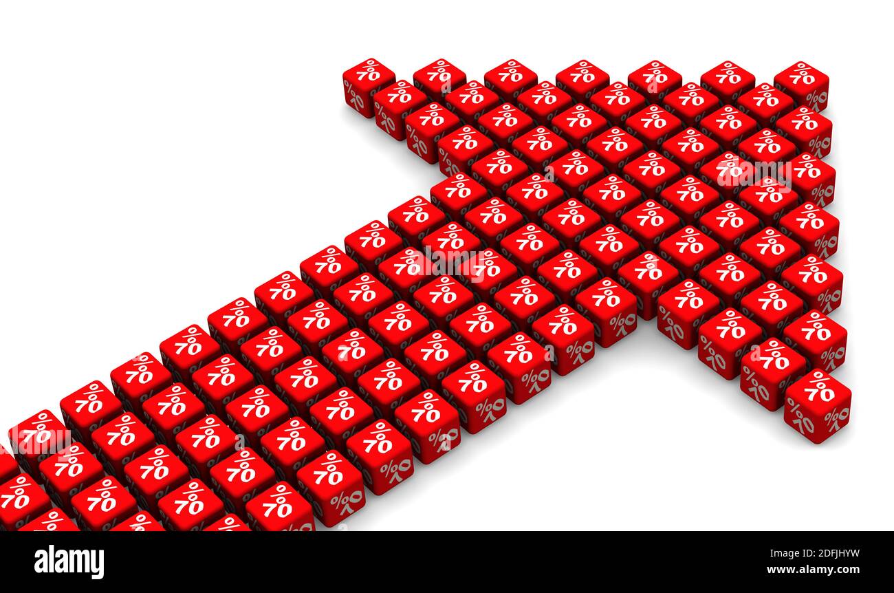 Seventy percent growth. Arrow symbol made from cubes. Red arrow made ...
