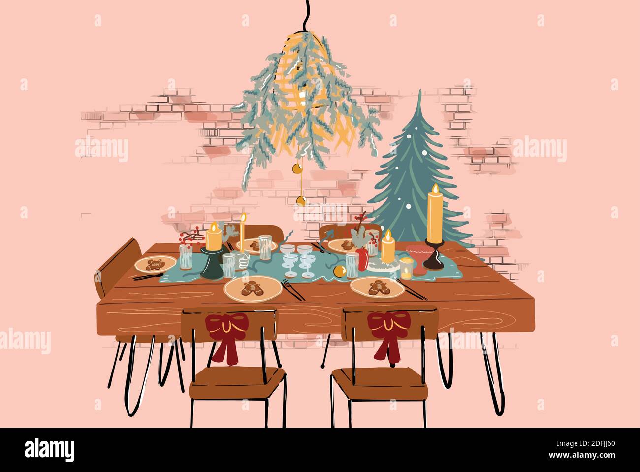 Vector illustration of festively decorated dining table on New Year ...