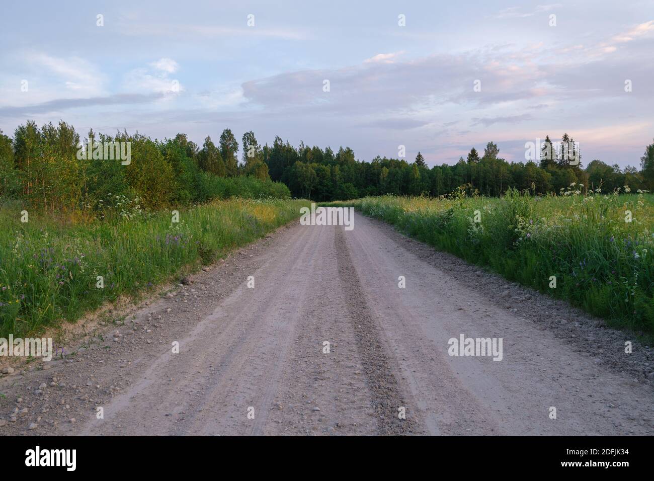 endless beautiful country gravel road in perspective with dust and sun ...