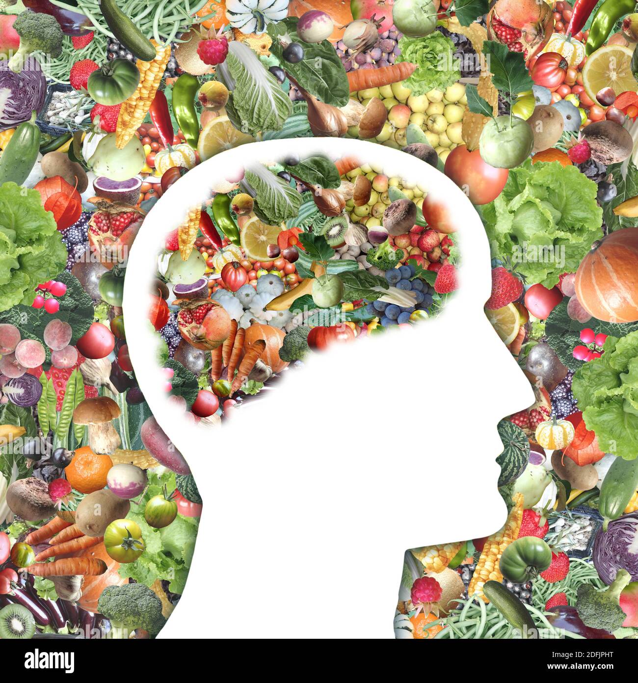 Organic Fruits and vegetables, around and inside human's brain profile ...
