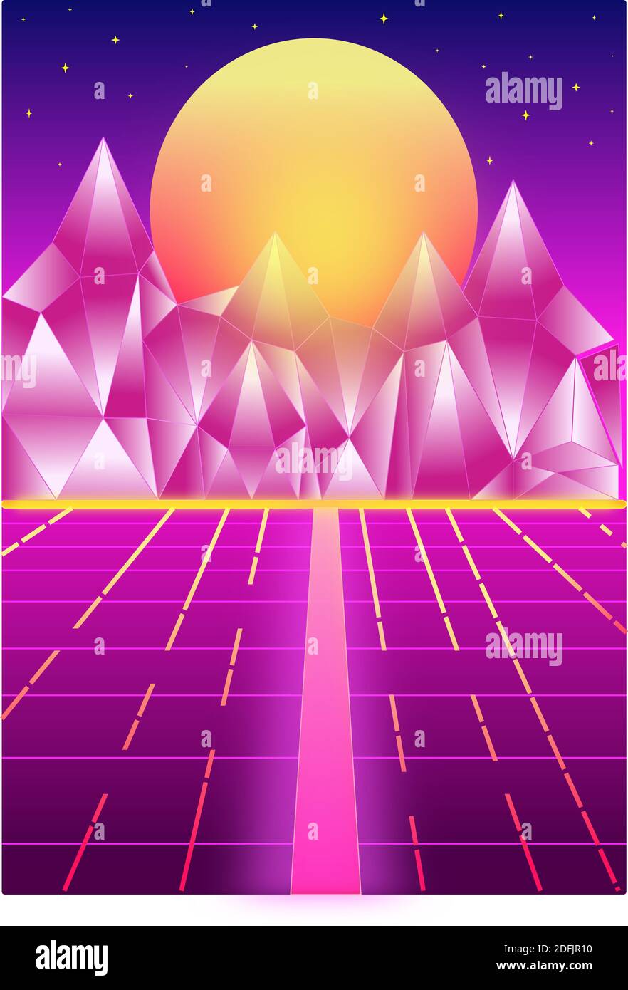 Synthwave wallpaper with mountains and sun Stock Photo - Alamy