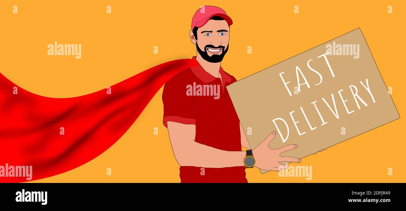 fast delivery service. delivery guy in a red cape superhero with box ...