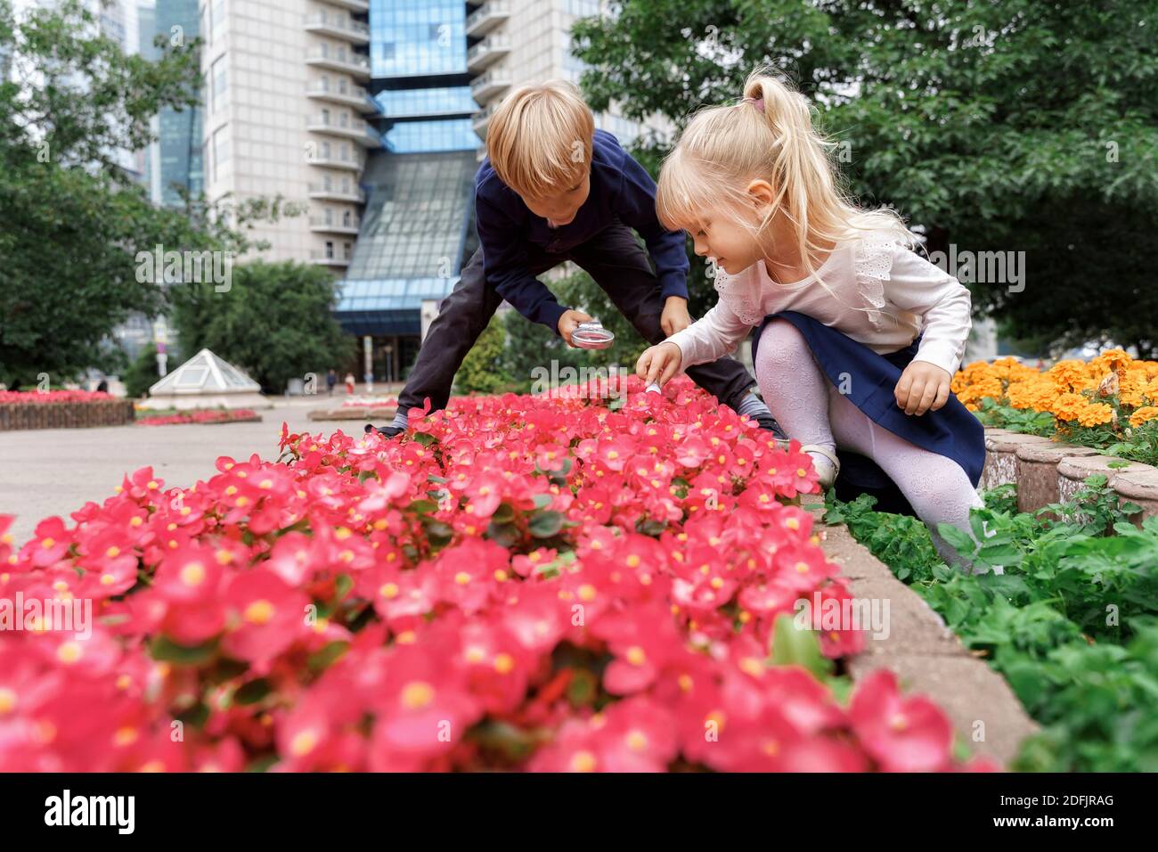 beautiful children study nature with a magnifying glass Stock Photo - Alamy