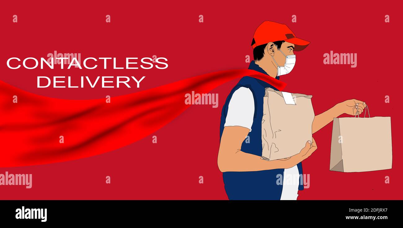 fast delivery service. delivery guy in a red cape superhero with box ...