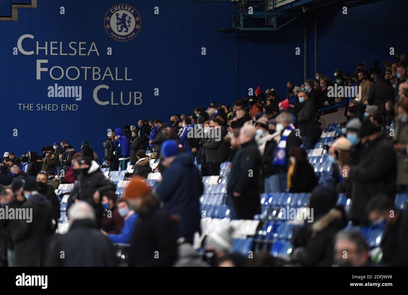 Fans in the stands prior to the Premier League match at Stamford Bridge ...