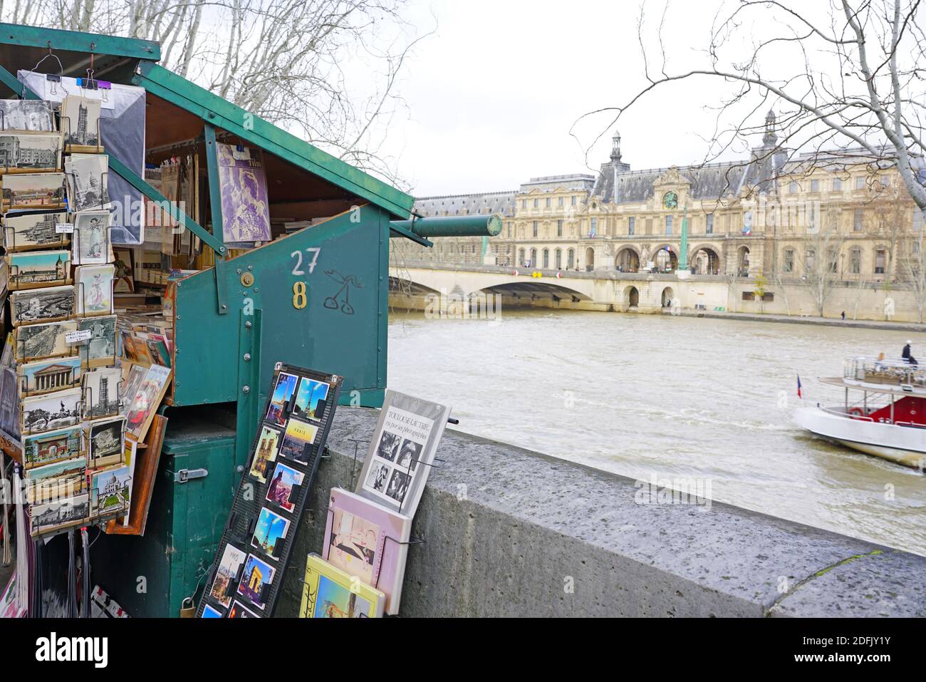 PARIS, FRANCE -23 DEC 2019- View of a Bouquiniste booth stall by the ...