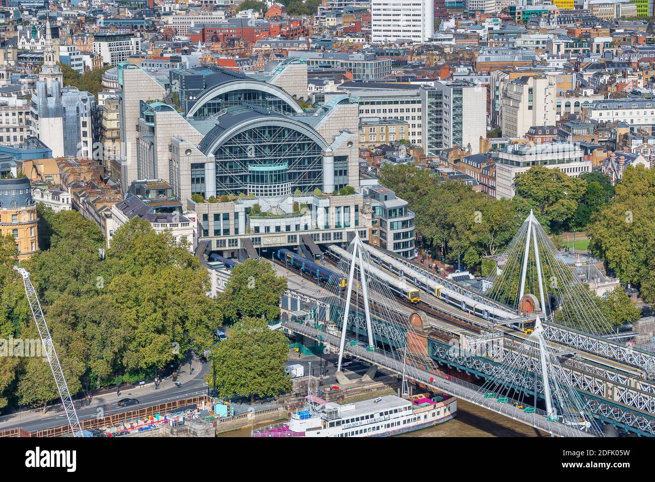 Aerial view of Charing Cross railway station and Hungerford bridge ...