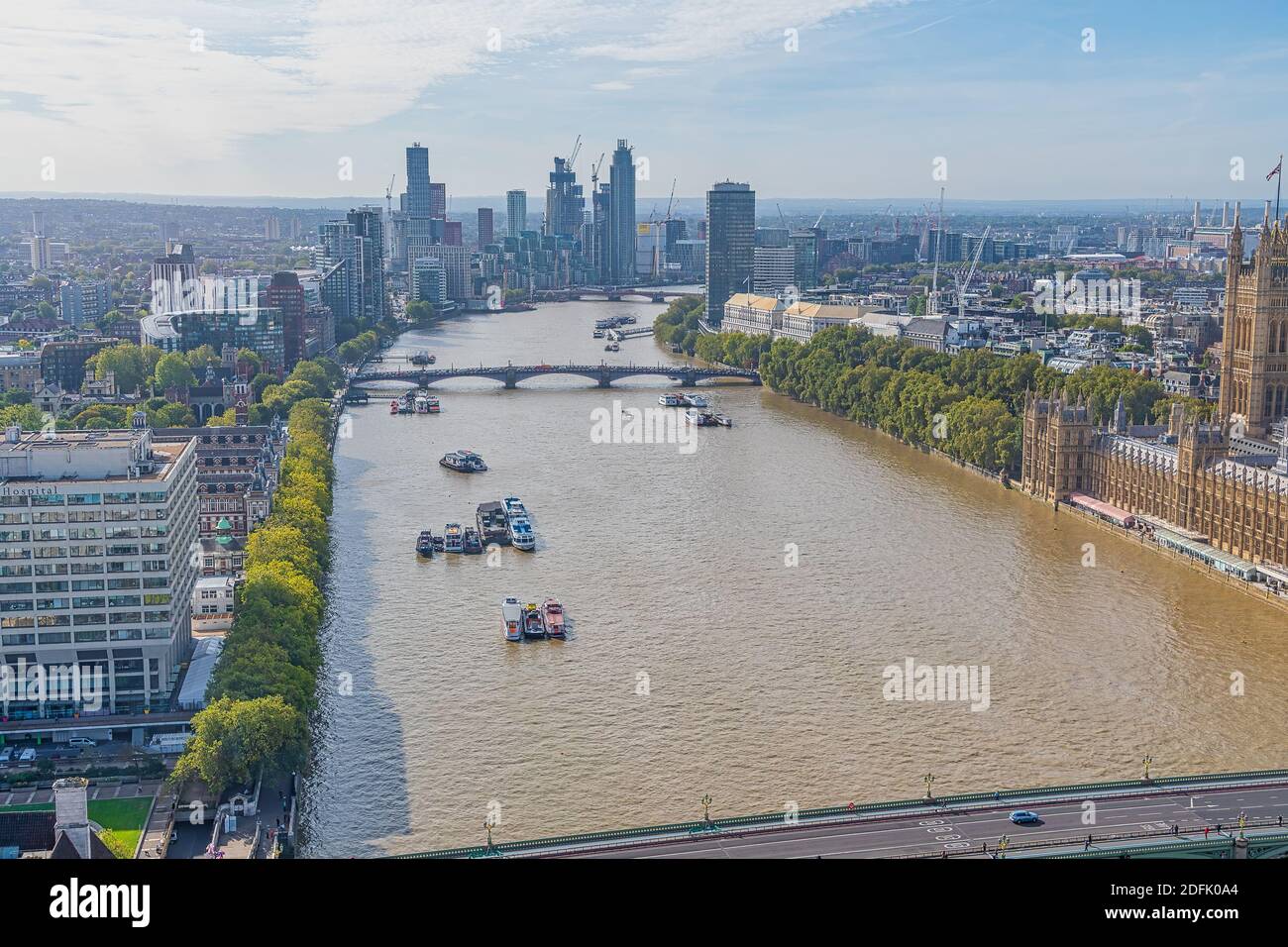 Aerial view of the London Skyline and river Thames towards Vauxhall ...
