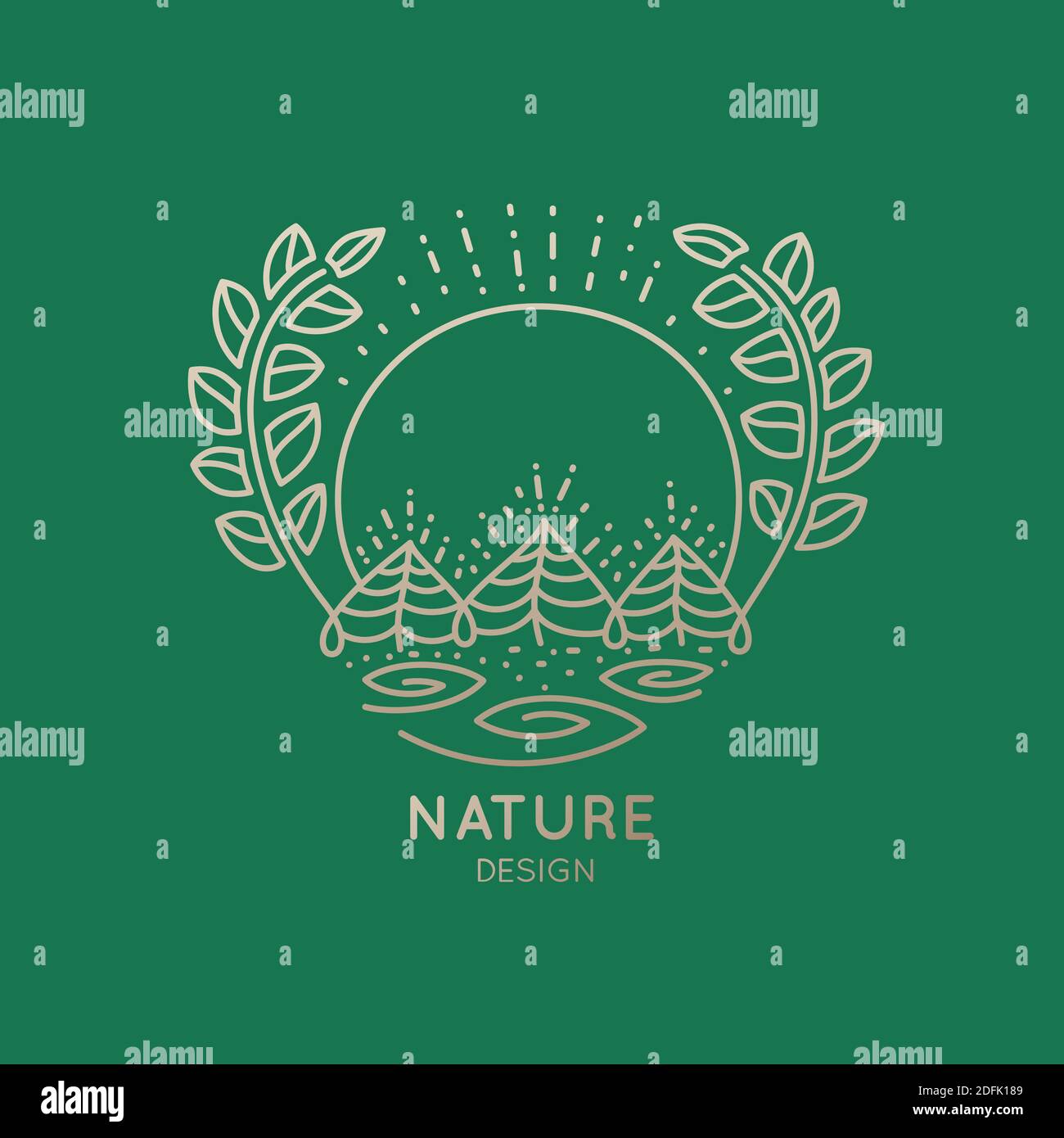 logo of nature elements on green background. Linear icon of landscape ...