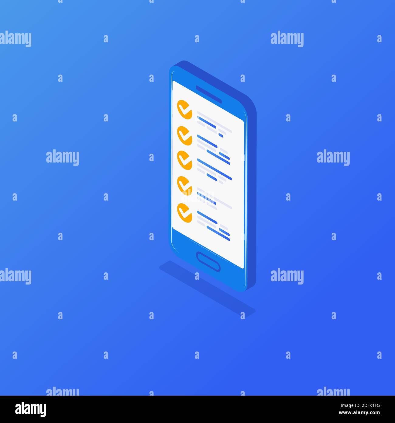 Yellow check mark on isometric screen smartphone. Questionnaire. Online ...