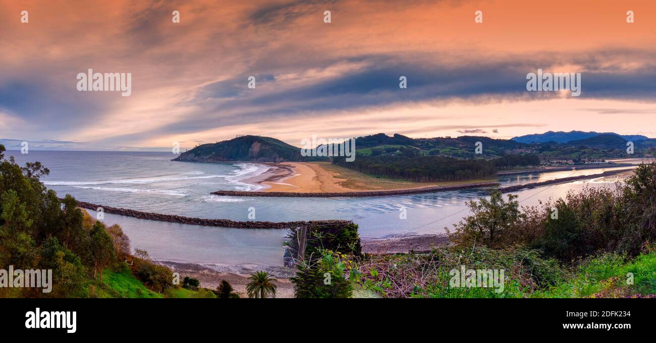 A panorama view of beautiful Rodiles Beach in Asturias in northern ...
