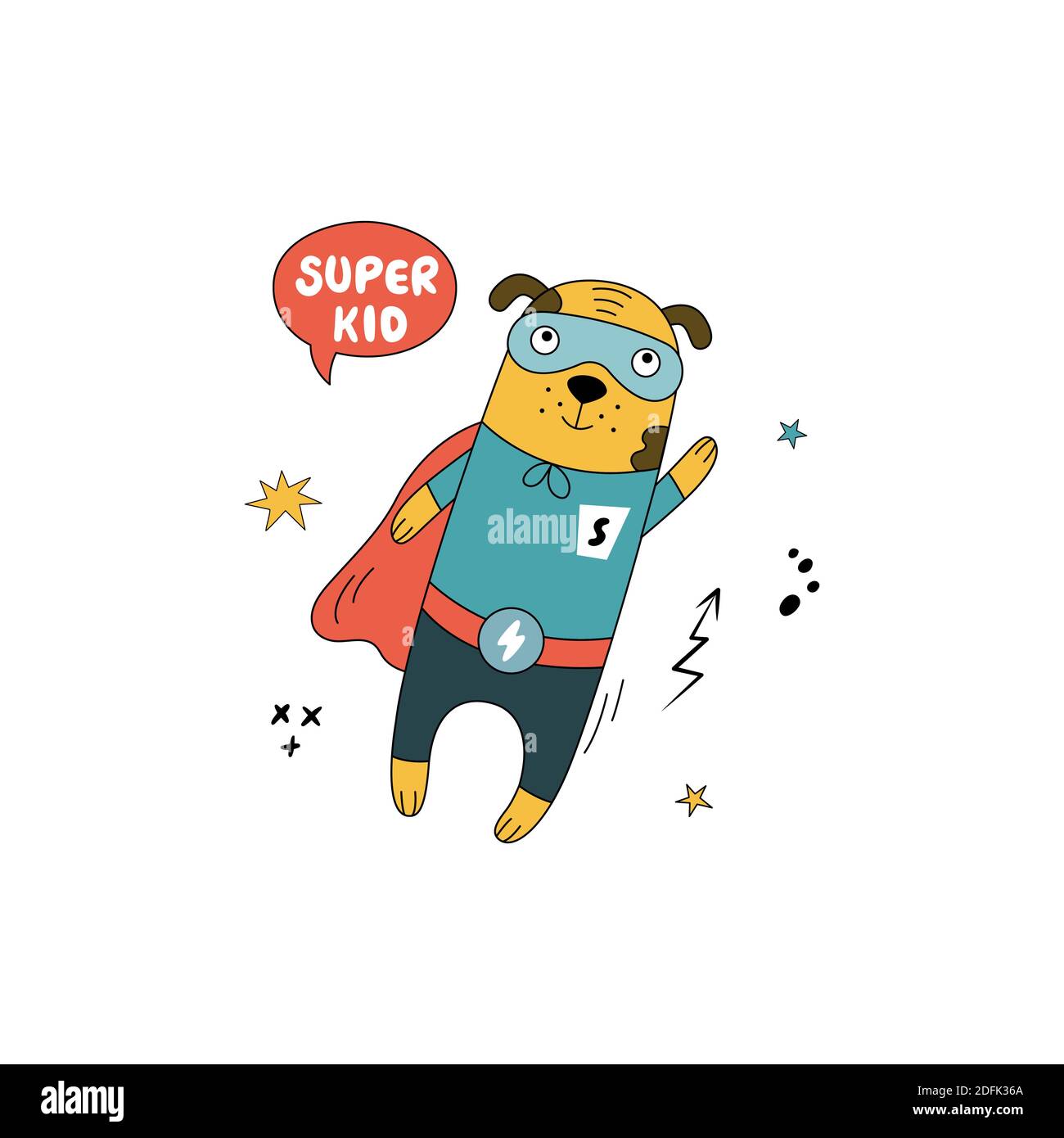 Hand-drawn superhero dog in a comic costume. Cute puppy with speech ...