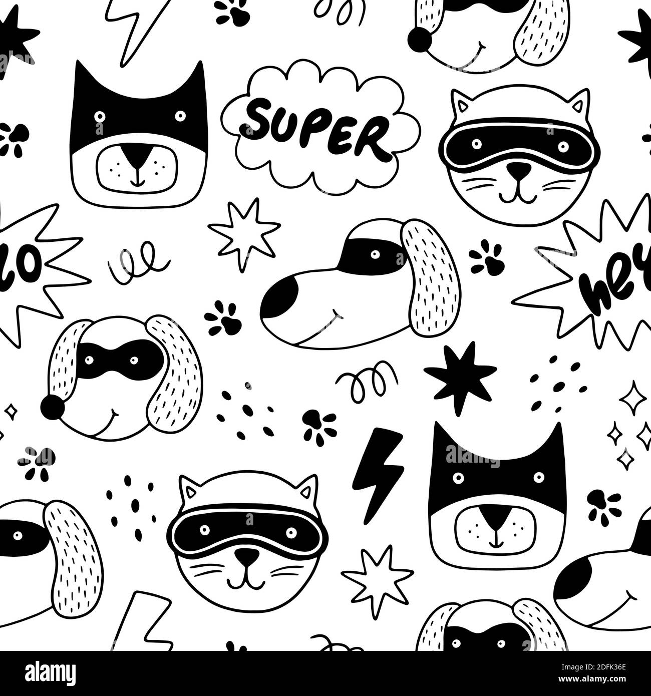 Seamless pattern with superhero masks, speech bubbles, stars on white ...