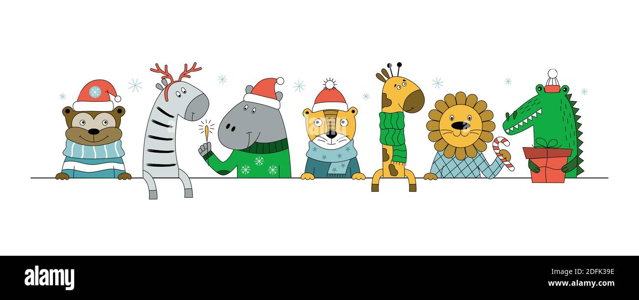 Wild animals with gift, candy, and sparklers. Christmas poster with ...