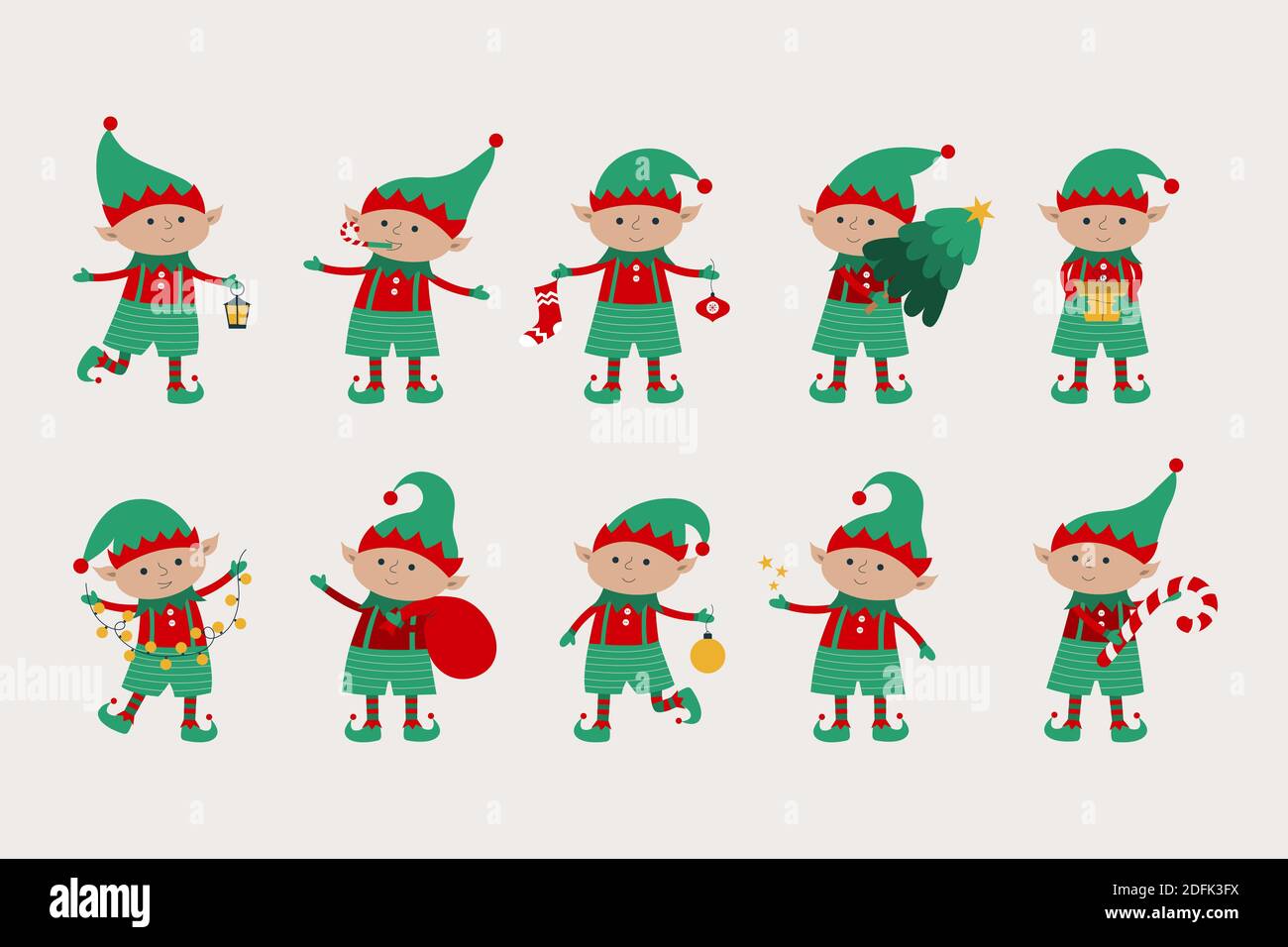 Christmas elves with gifts, trees, balls, lanterns, stars, garlands ...