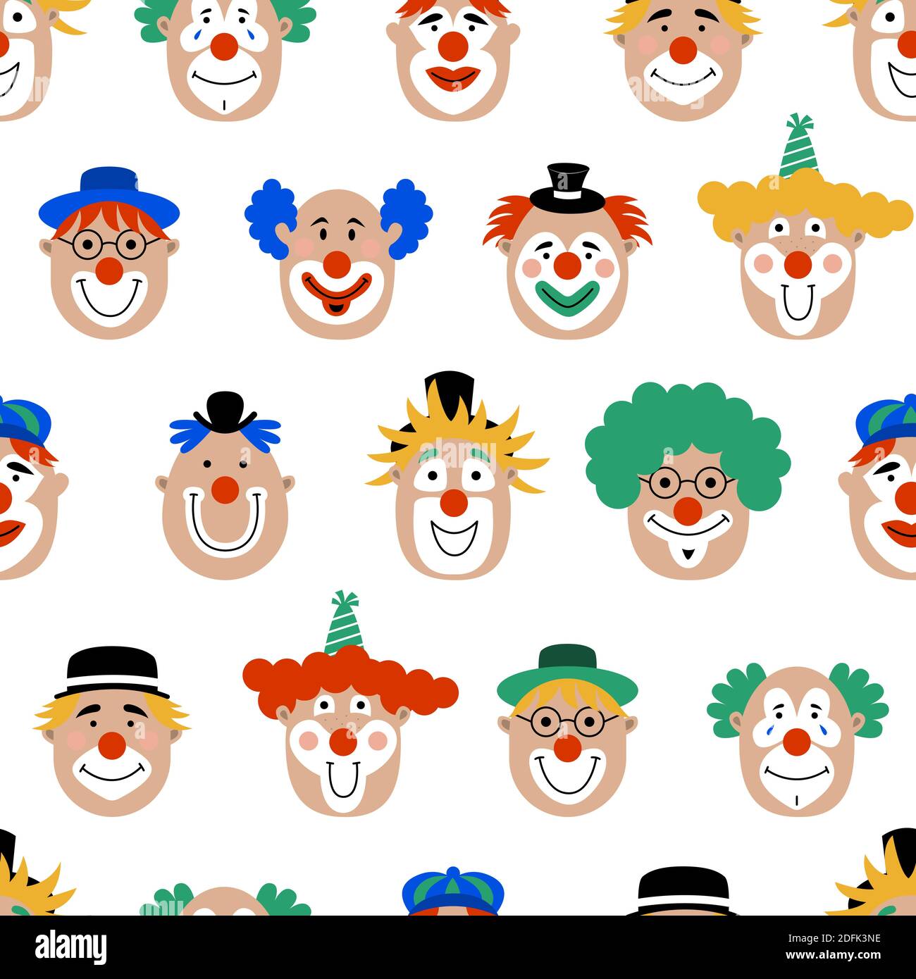 Fun clowns seamless pattern. Vector illustration with comedians isolated on a white background ...