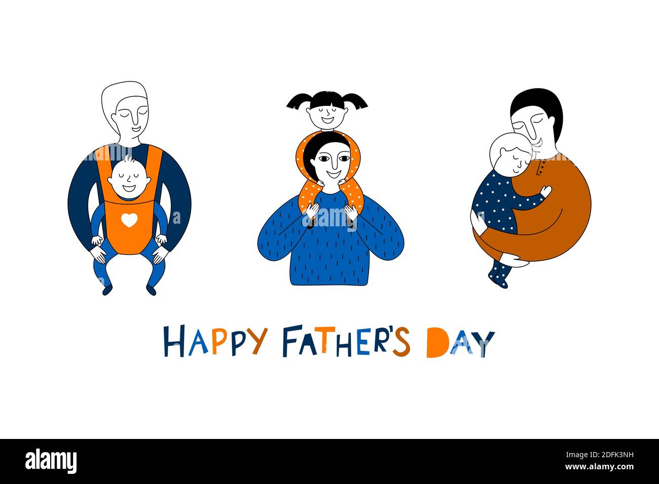 Happy Father's Day greeting card. Dad holds a baby. Doodle vector ...