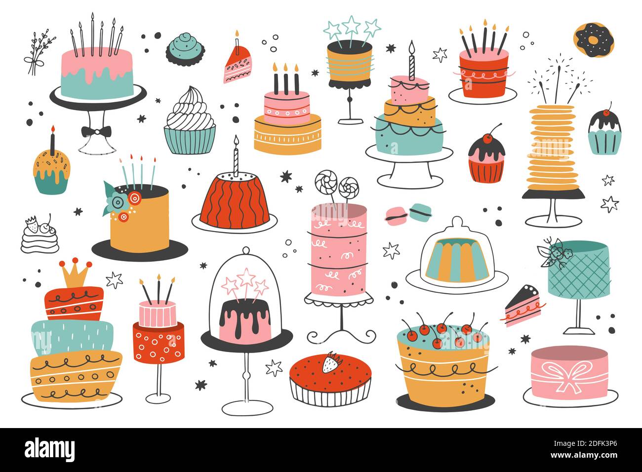 International Cake Day. Set of doodle colorful cakes on a white ...