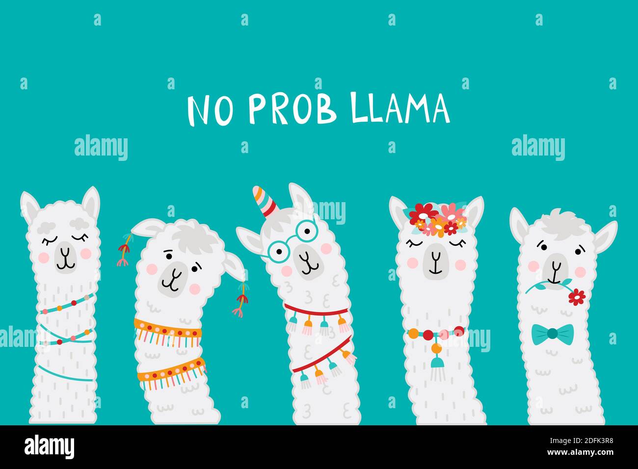Cute llama faces with No PROB LLAMA motivational quote. Cartoon alpaca ...