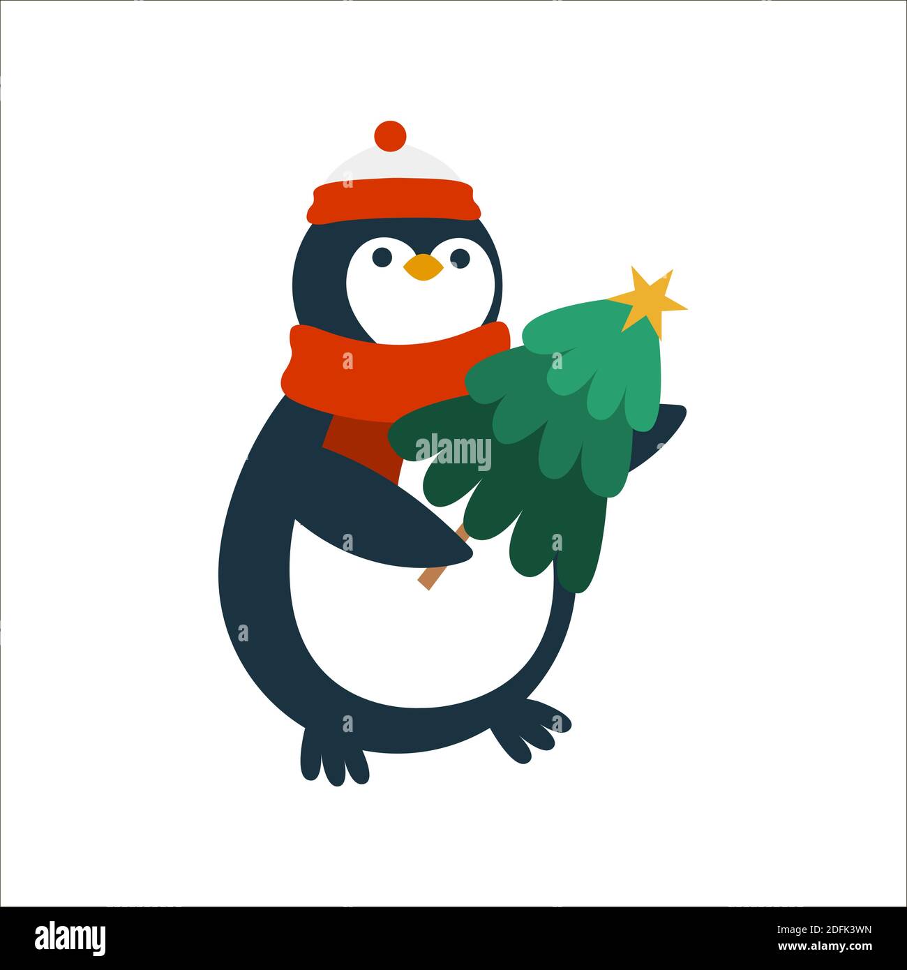 Christmas penguin with tree isolated on white background. Flat vector ...