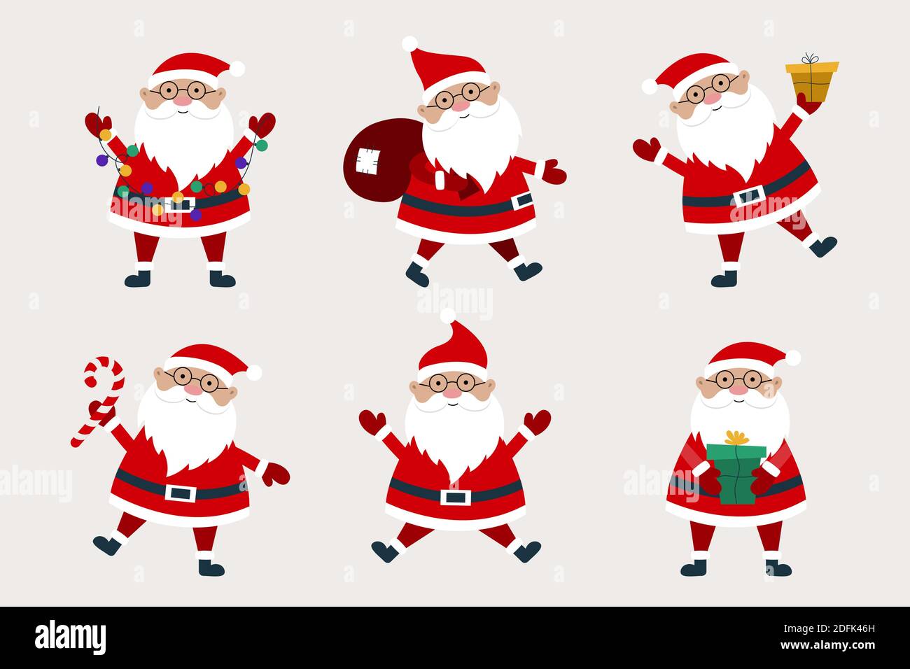 Santa Claus cartoon collection with gifts, bag, candy cane, and garland ...