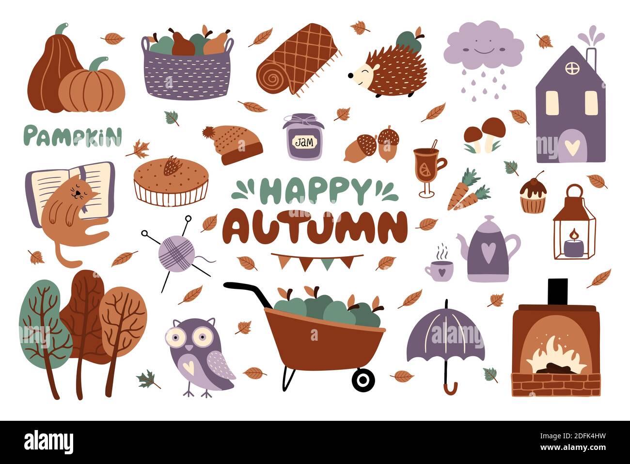 Happy Autumn set of pumpkins, hedgehog, mushrooms, acorns, house, owl ...