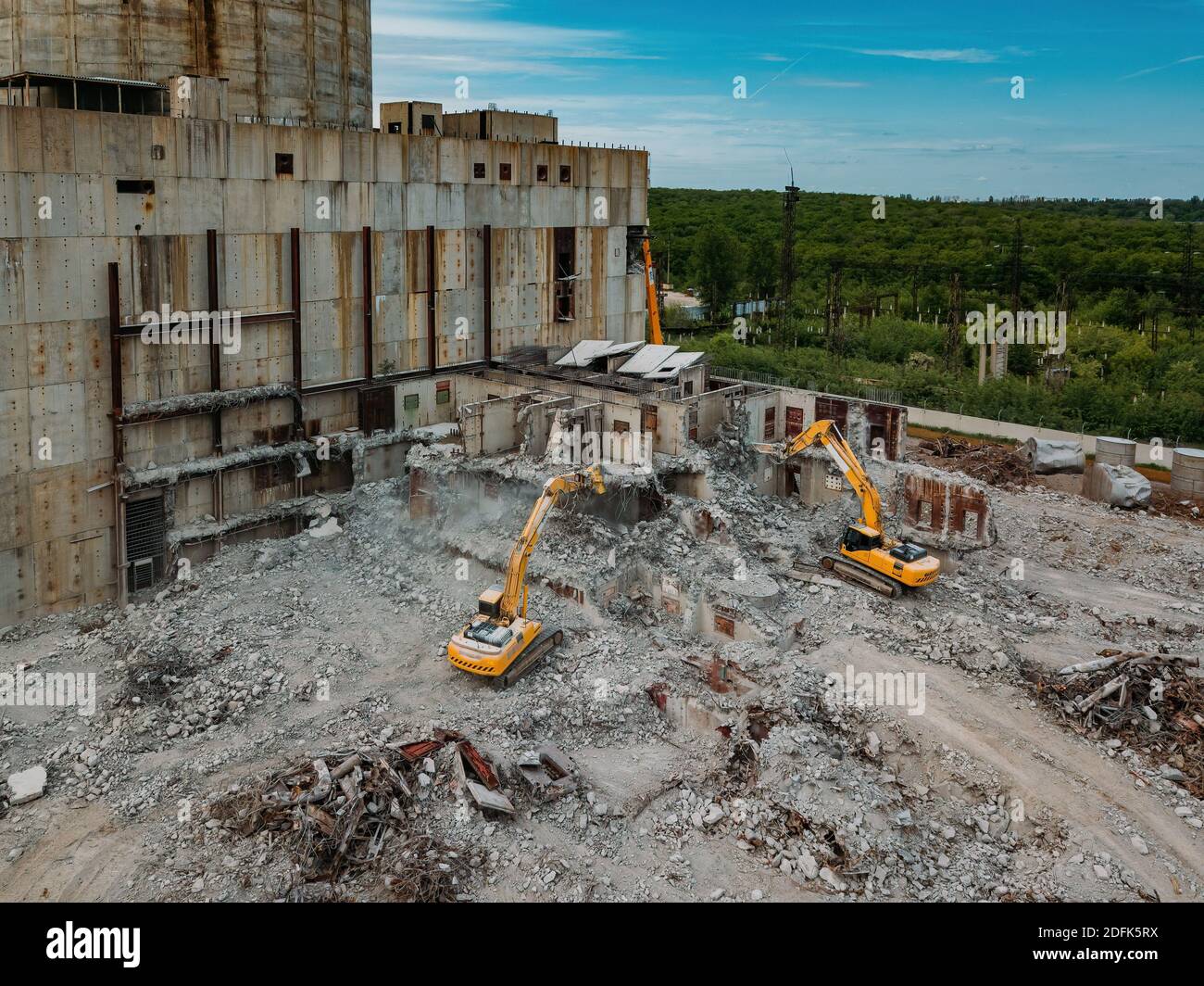 Aerial view of demolition site. Process of demolition of old industrial ...