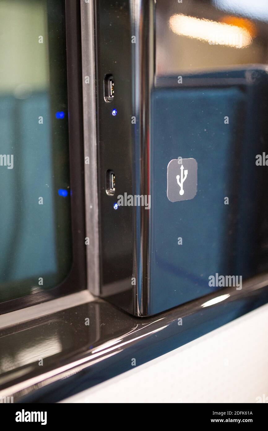 USB plugs in the new metro. A picture taken on October 2, 2020, shows ...